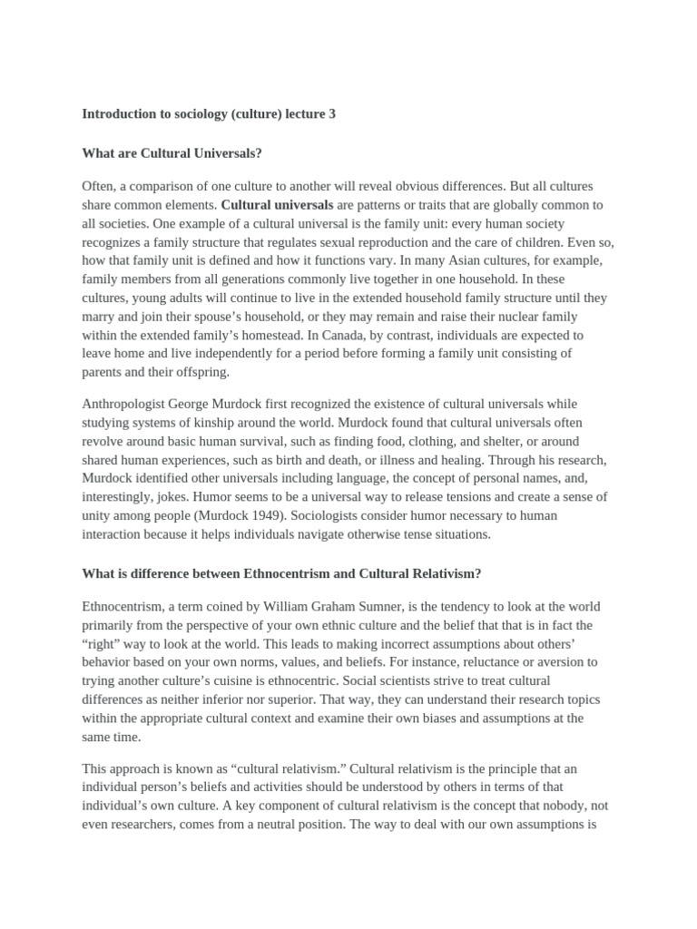 Understanding Cultural Universals and Relativism | PDF | Family ...