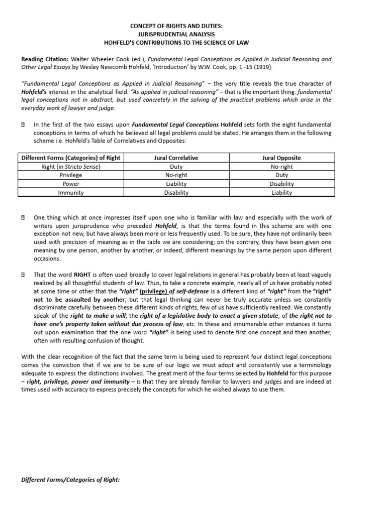 Concept of Rights and Duties Hohfeldian Analysis | PDF | Justice ...