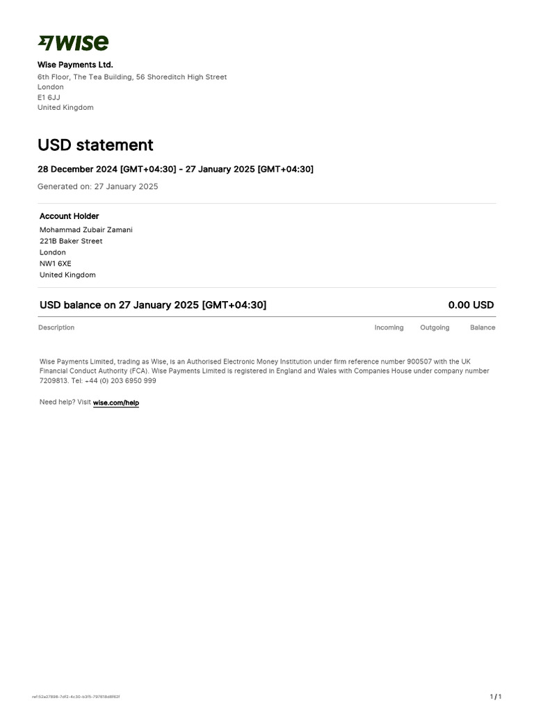 Wise Payments USD Statement Summary | PDF