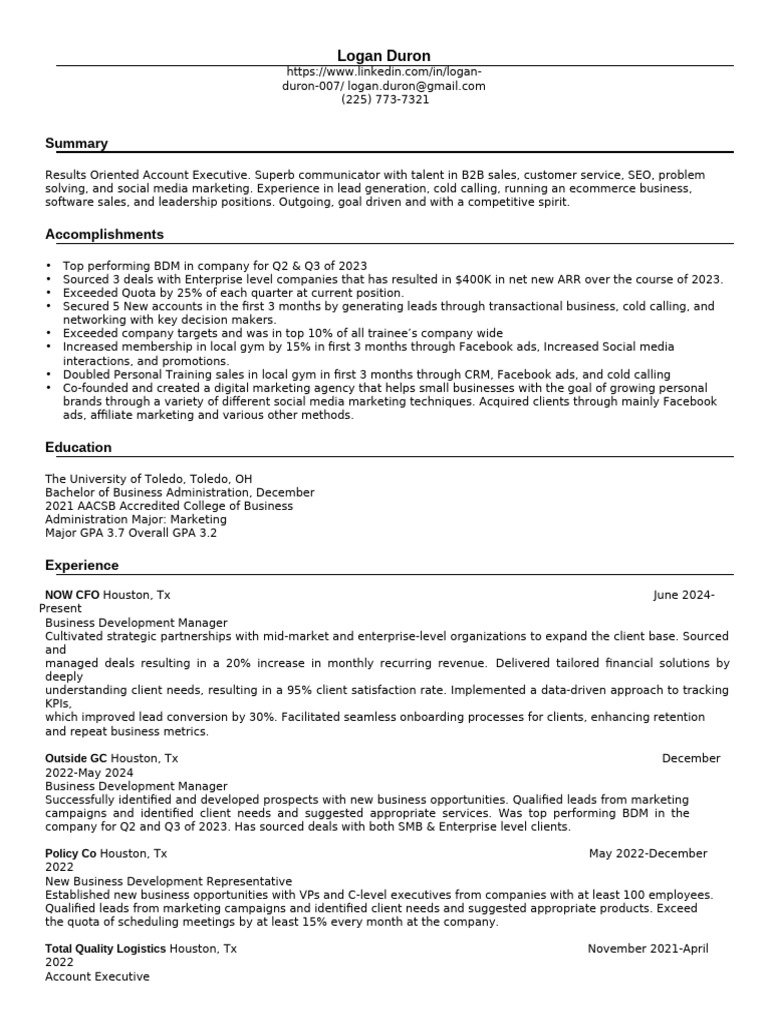 Logan Duron Resume (January 2024) | PDF | Marketing | Business