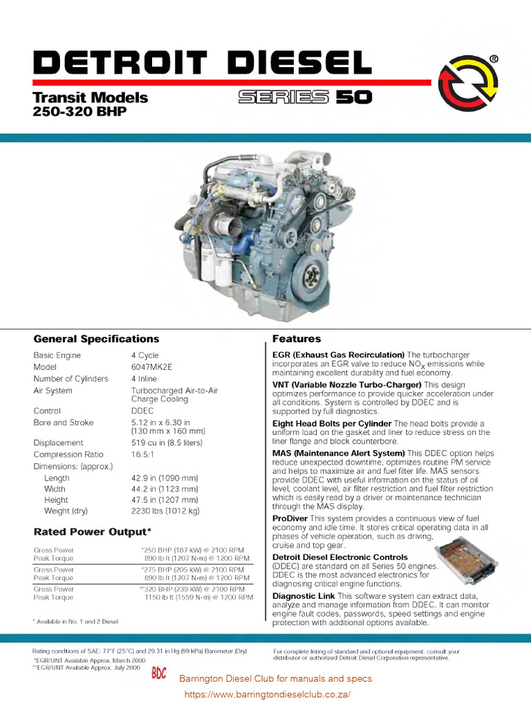 Detroit Diesel Series 50 Specs Overview | PDF | Horsepower | Rotating ...