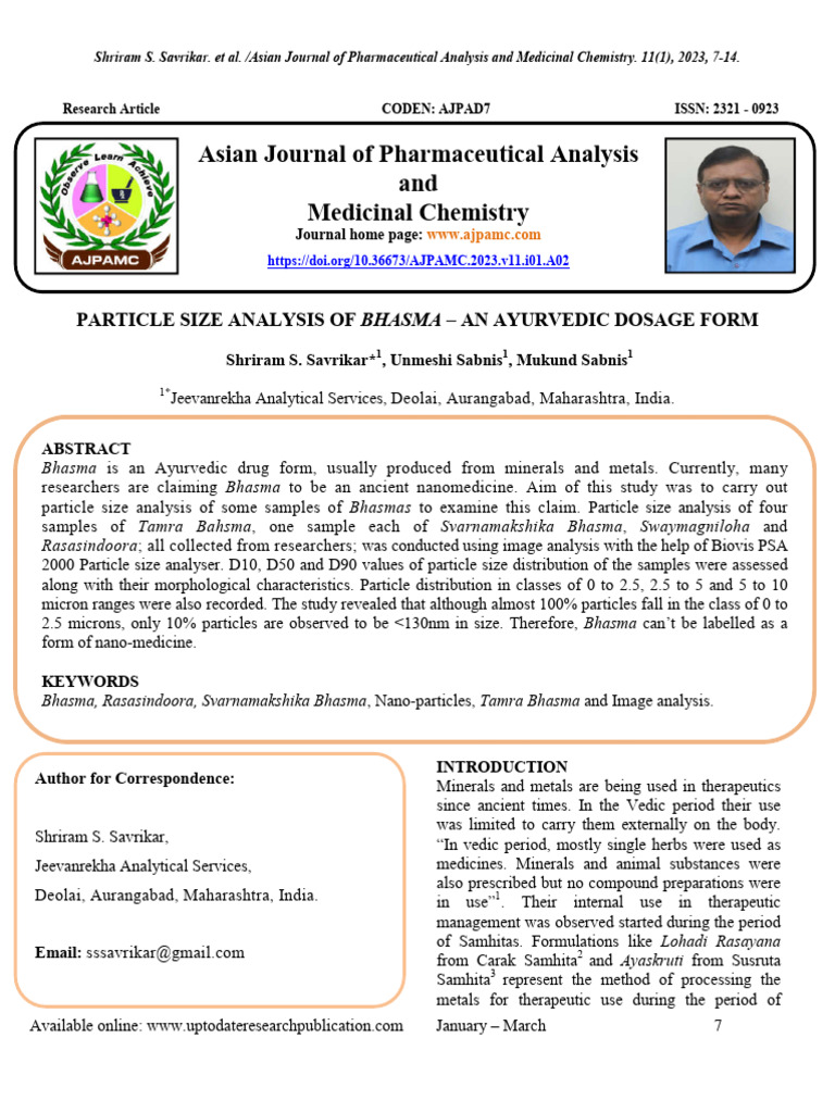 Particle Size Analysis Of Bhasma An Ayurvedic Dosage Form Pdf