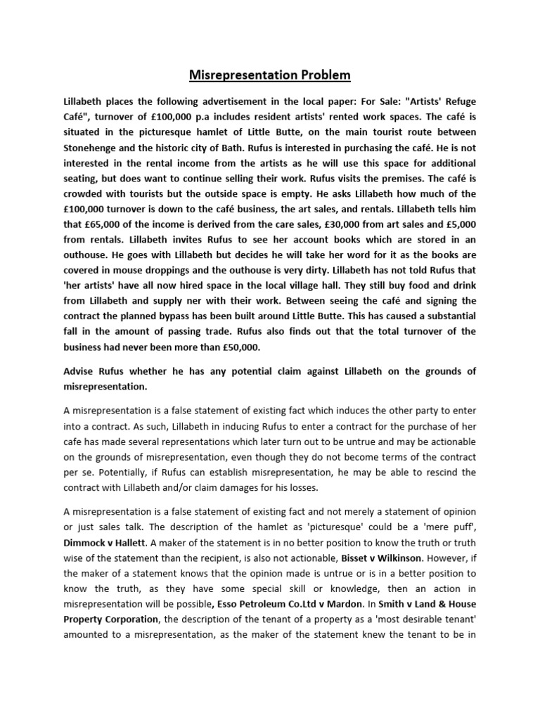 Misrepresentation Problem | PDF | Misrepresentation | Civil Law (Legal System)