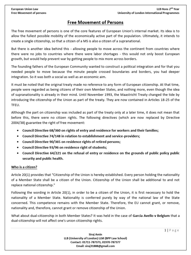 Free Movement of persons | PDF | European Union Law | Freedom Of Movement