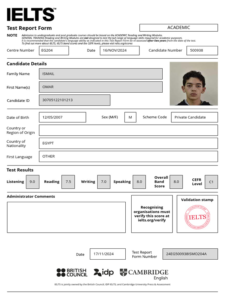 IELTS Test Report Form Details | PDF | International English Language ...