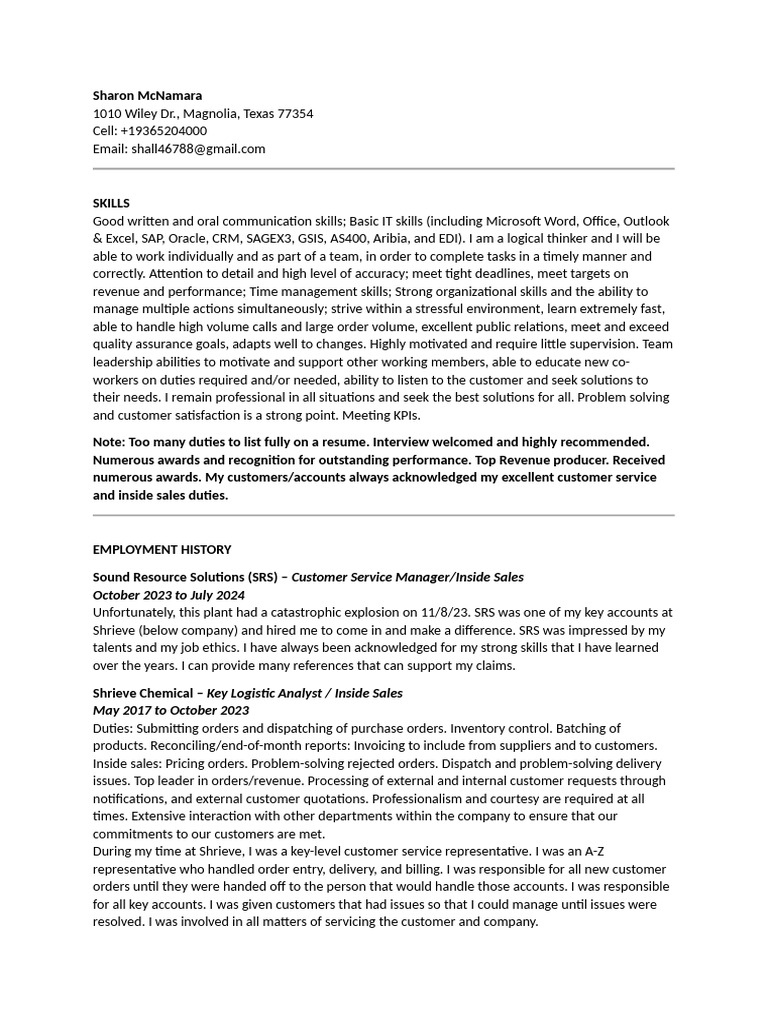 Sharon McNamara !! BDR Resume | PDF | Dangerous Goods | Bookkeeping