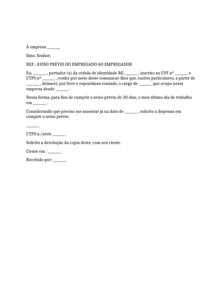 Modelo de Aviso Previo Pelo Empregado | PDF