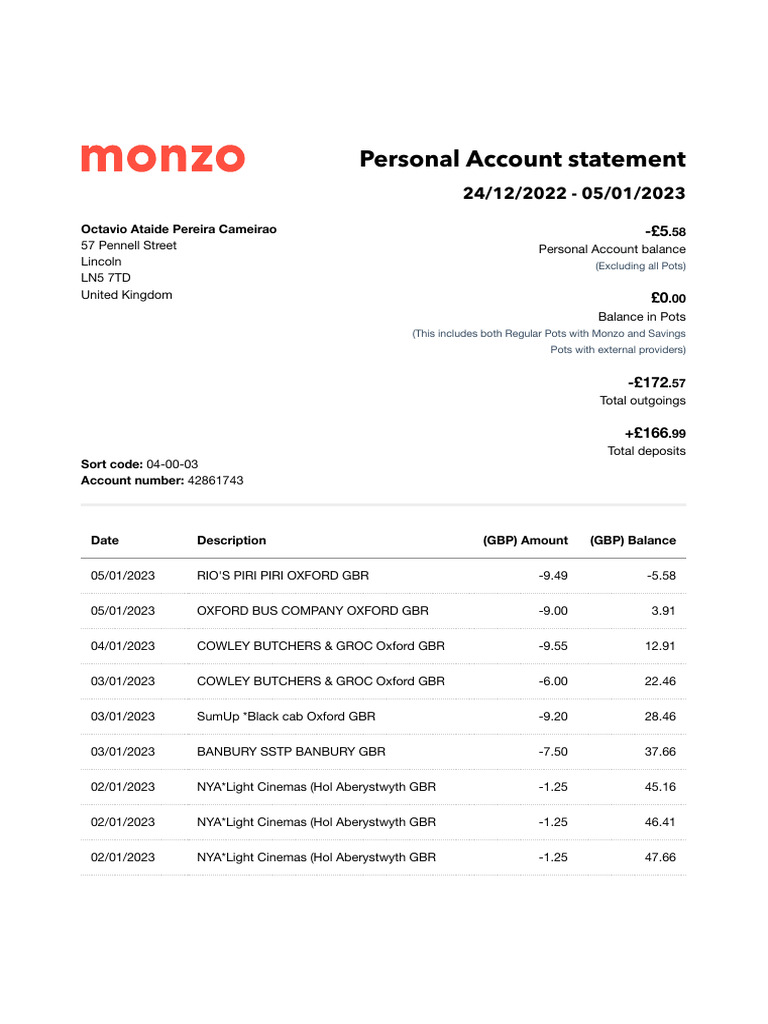 Monzo Bank Statement 2022 12 24-2023 01 05 4388 | PDF | Deposit Account ...