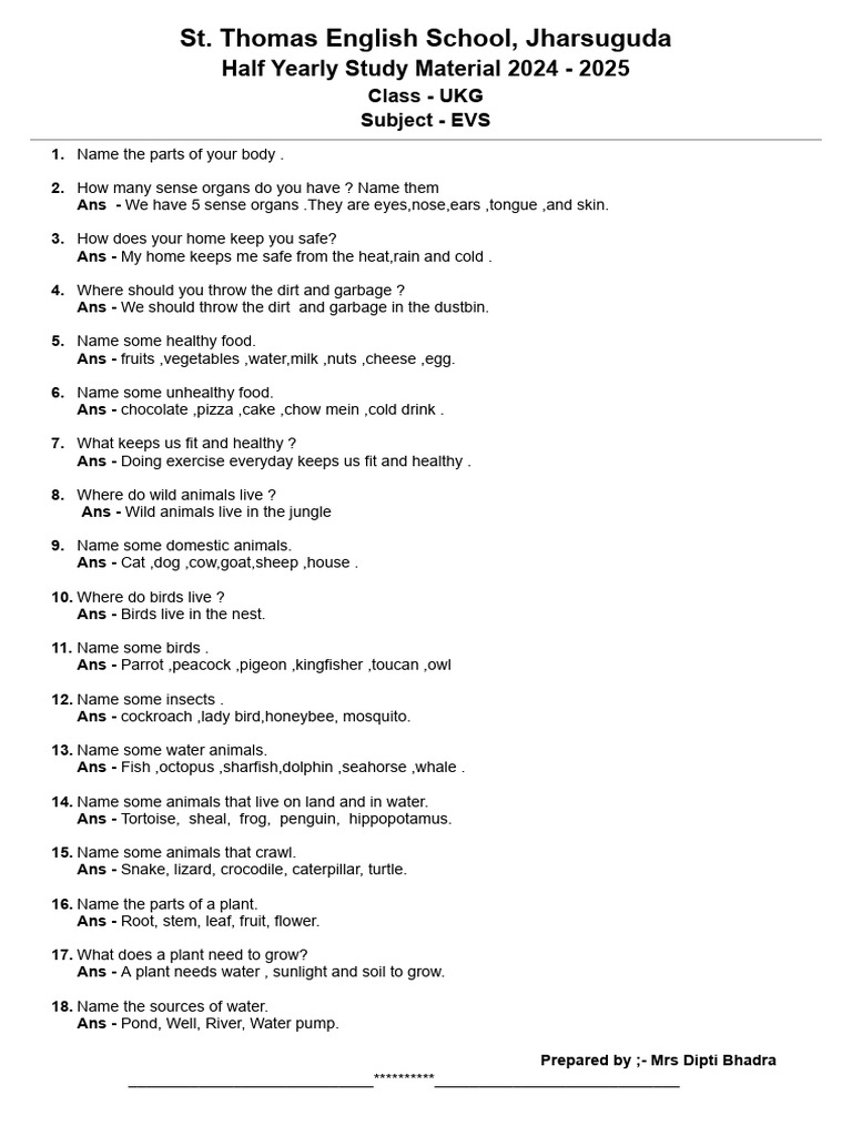 Class - UKG, EVS, Half Yearlyt Study Material - 2024 - 25 | PDF