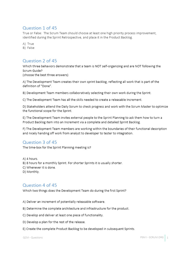 Scrum PSM I Exam Practice Questions | PDF | Scrum (Software Development)