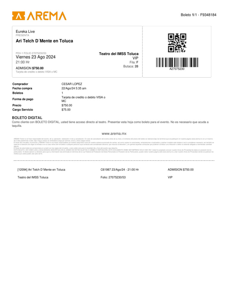 Boleto VIP Ari Telch en Toluca | PDF | Tarjeta de débito | Visa Inc.