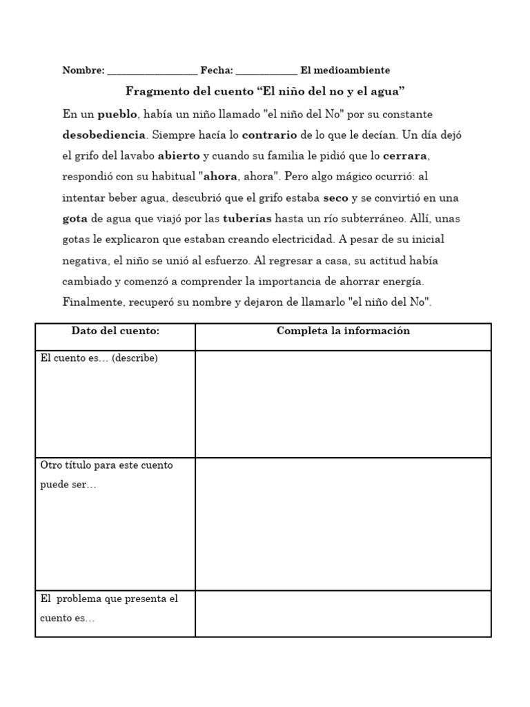 Interpretar El Cuento El Niño Del No y El Agua | PDF