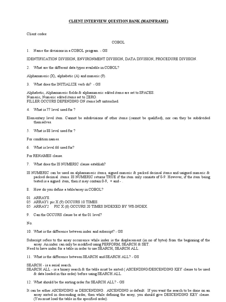Client Interview Question Bank (Mainframe) | PDF | Database Index | Sql