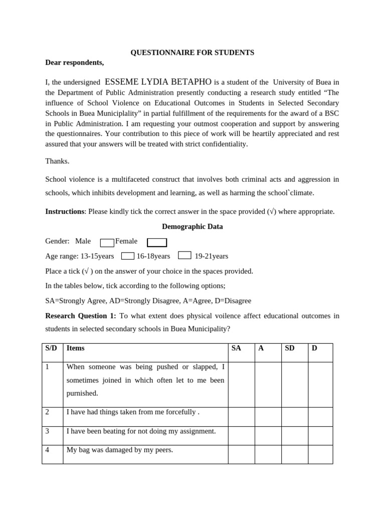 School Violence Impact Questionnaire | PDF | Violence | Social Psychology