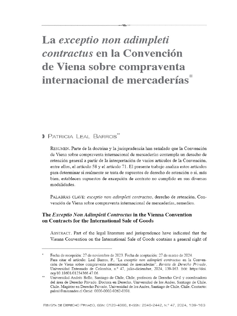 Vista de La Exceptio Non Adimpleti Contractus en La Convención de Viena ...