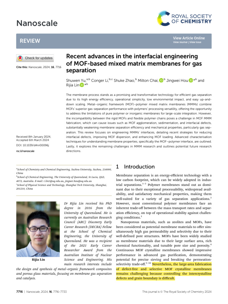 Nanoscale: Recent Advances in The Interfacial Engineering of MOF-based Mixed Matrix Membranes ...