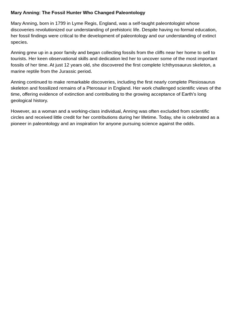 Mary Anning The Fossil Hunter Who Changed Paleontology | PDF