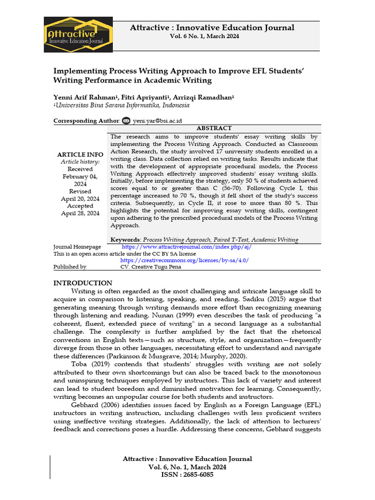 Implementing Process Writing Approach To Improve EFL Students' Writing ...