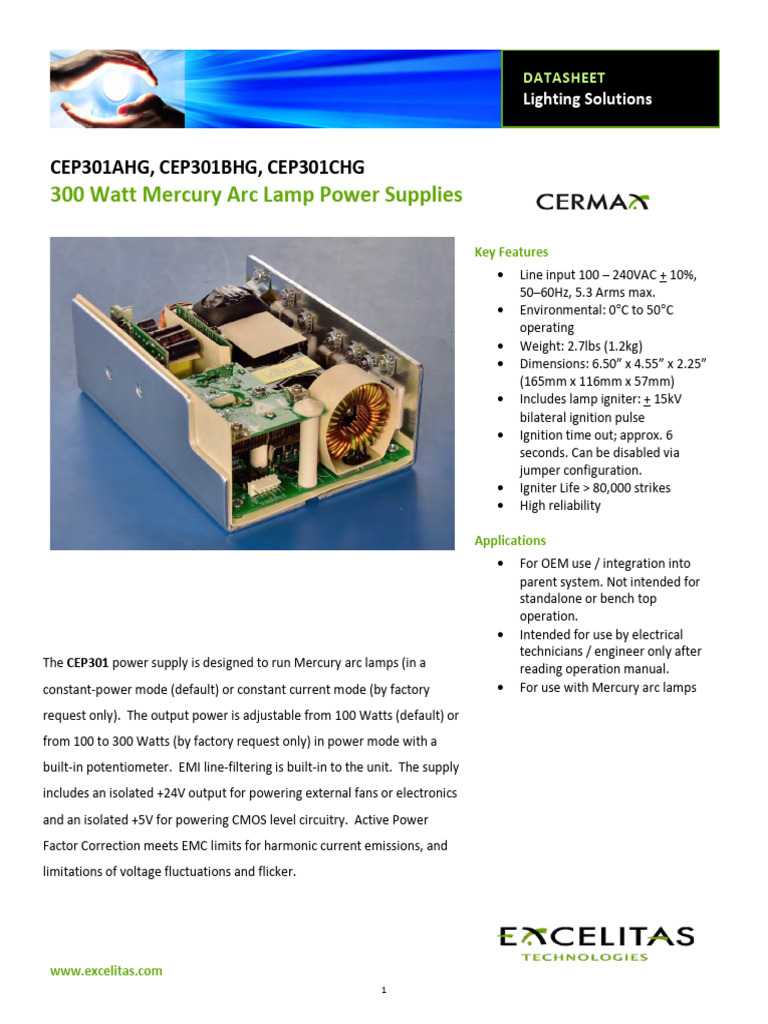 Cermax Xenon 300W Mercury Arc Lamp Power Supplies Specifications | PDF ...