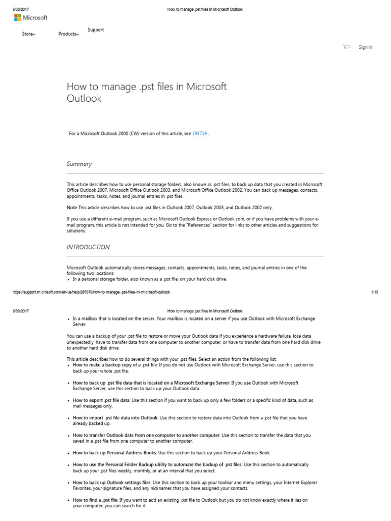 Managing PST Files in Outlook 2007 | PDF | Microsoft Outlook | Computer ...