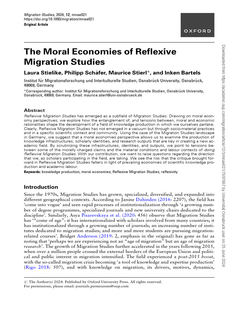 Stielike Et Al. Moral Economies of Reflexive Migration Studies | PDF | Reflexivity (Social ...