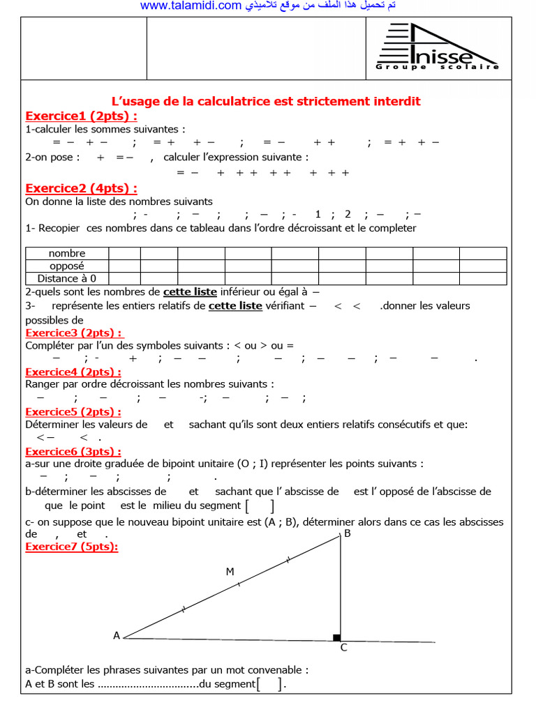 Évaluation Mathématiques 1ère Année | PDF | Mathématiques | Géométrie