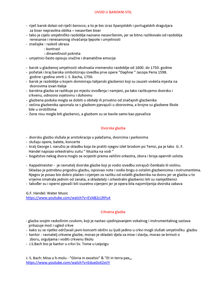 01. BAROK - Uvod u Barokni Stil, Dvorska i Crkvena Glazba u Baroku 2 | PDF
