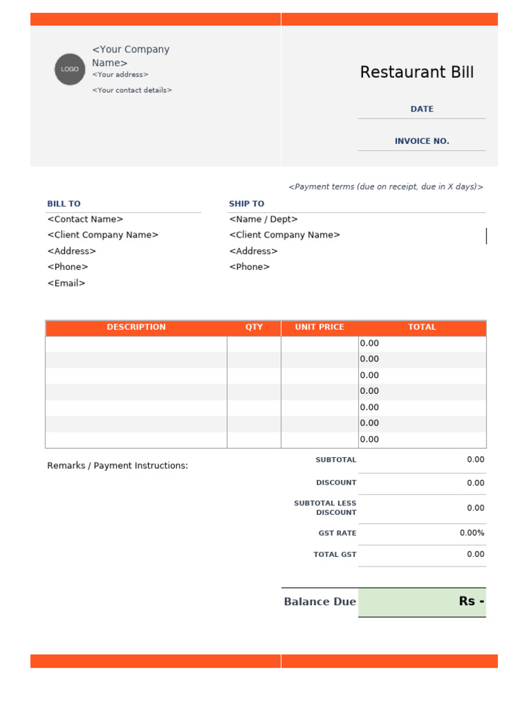 Restaurant Bill Format in Word | PDF