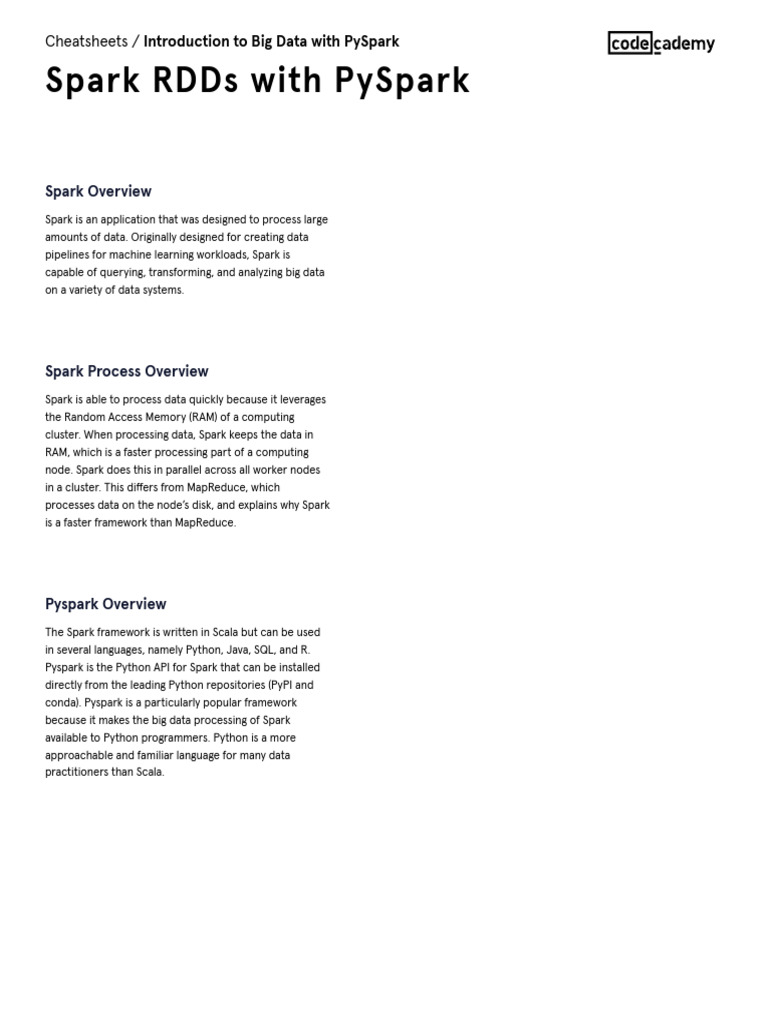 Introduction To Big Data With PySpark - Spark RDDs With PySpark Cheatsheet - Codecademy | PDF ...