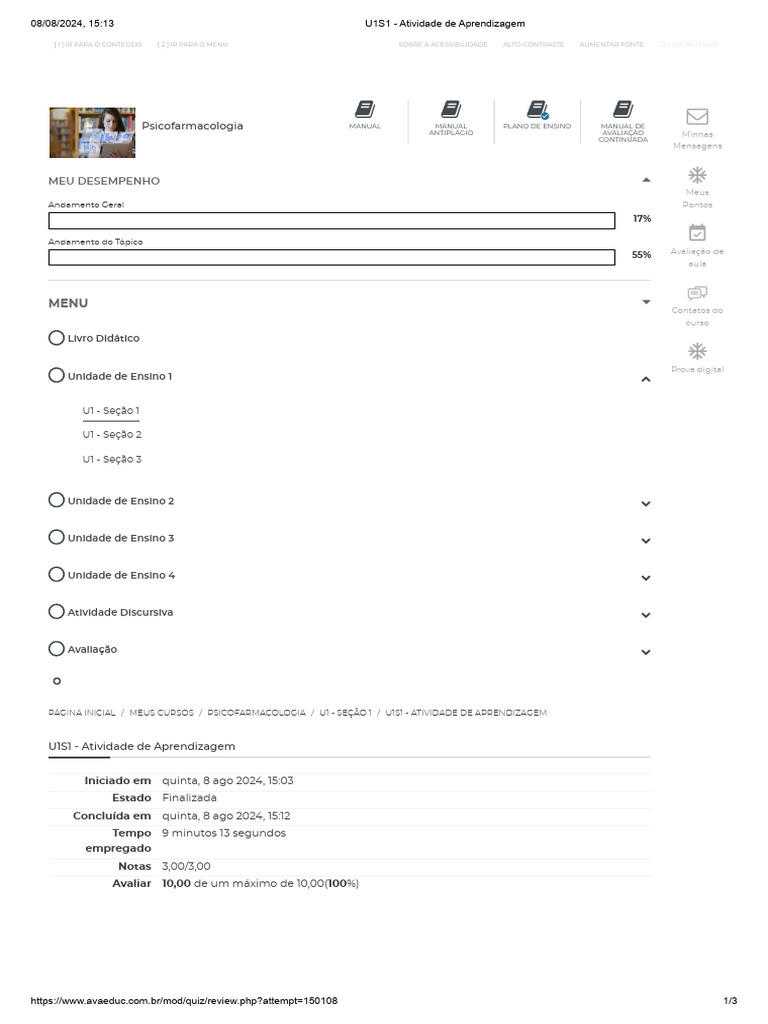 U1S1 - Atividade de Aprendizagem - Psicofarmacologia | PDF | Sistema nervoso | Cérebro