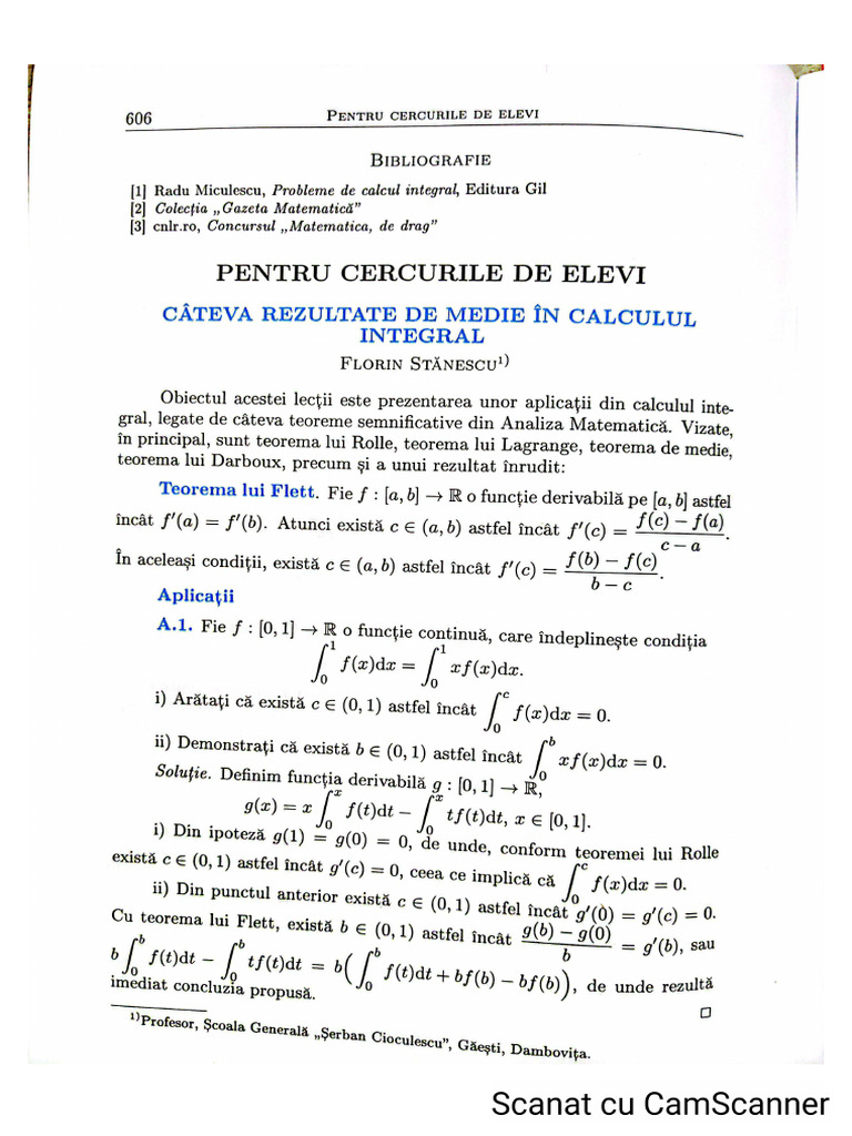 GM 11-20#4 Câteva Rezultate de Medie În Calculul Integral Florin Stănescu | PDF