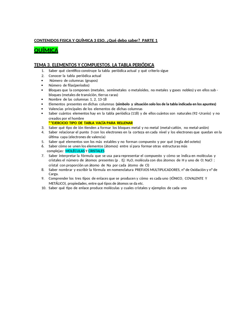 QUE ME TENGO QUE SABER - CONTENIDOS DEL CURSO FYQ 3 ESO SA 3 Elementos y Compuestos. Tabla ...