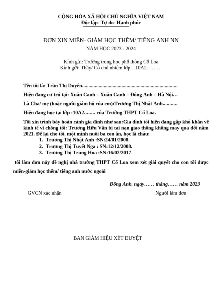 Đơn xin miễn giảm học thêm,tann | PDF