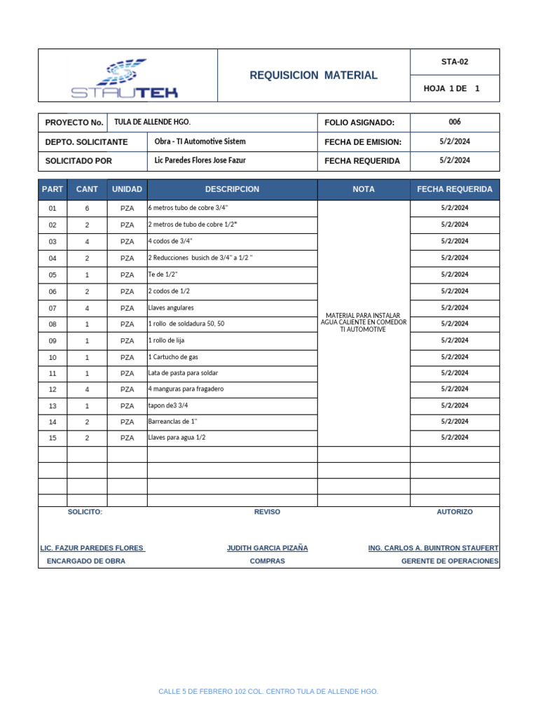 REQUISICION 006 | PDF | Materiales