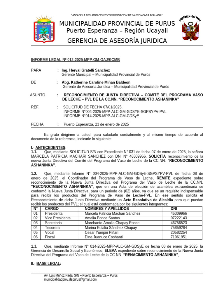 Informe Legal 012-2025-Mpp-Gm-Gaj-Kcmb - Reconocimiento de Junta Directiva - Vaso de Leche ...