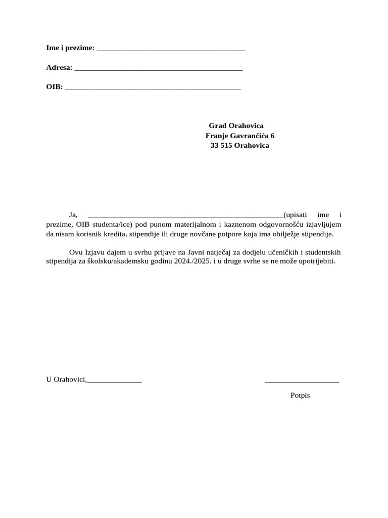 Izjava Da Kandidat Nije Korisnik Druge Stipendije STUDENTI | PDF