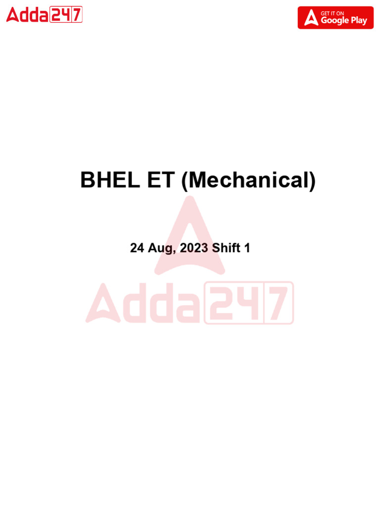 BHEL Engineer Trainee Mechanical Official Paper Held On 24 Aug 2023 ...