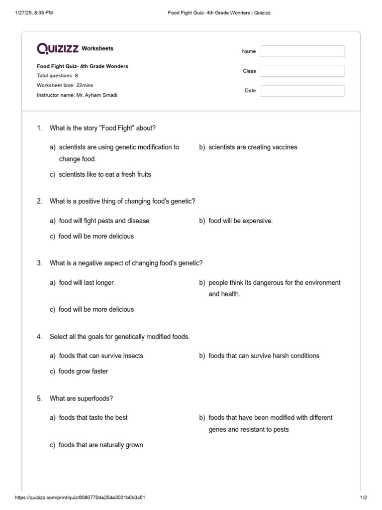 Food Fight Quiz - 4th Grade Wonders - Quizizz | PDF | Genetically ...