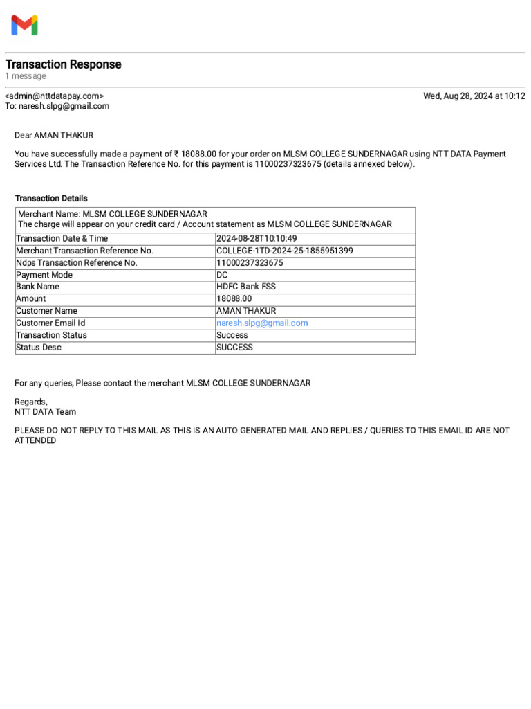 Gmail - Transaction Response | PDF