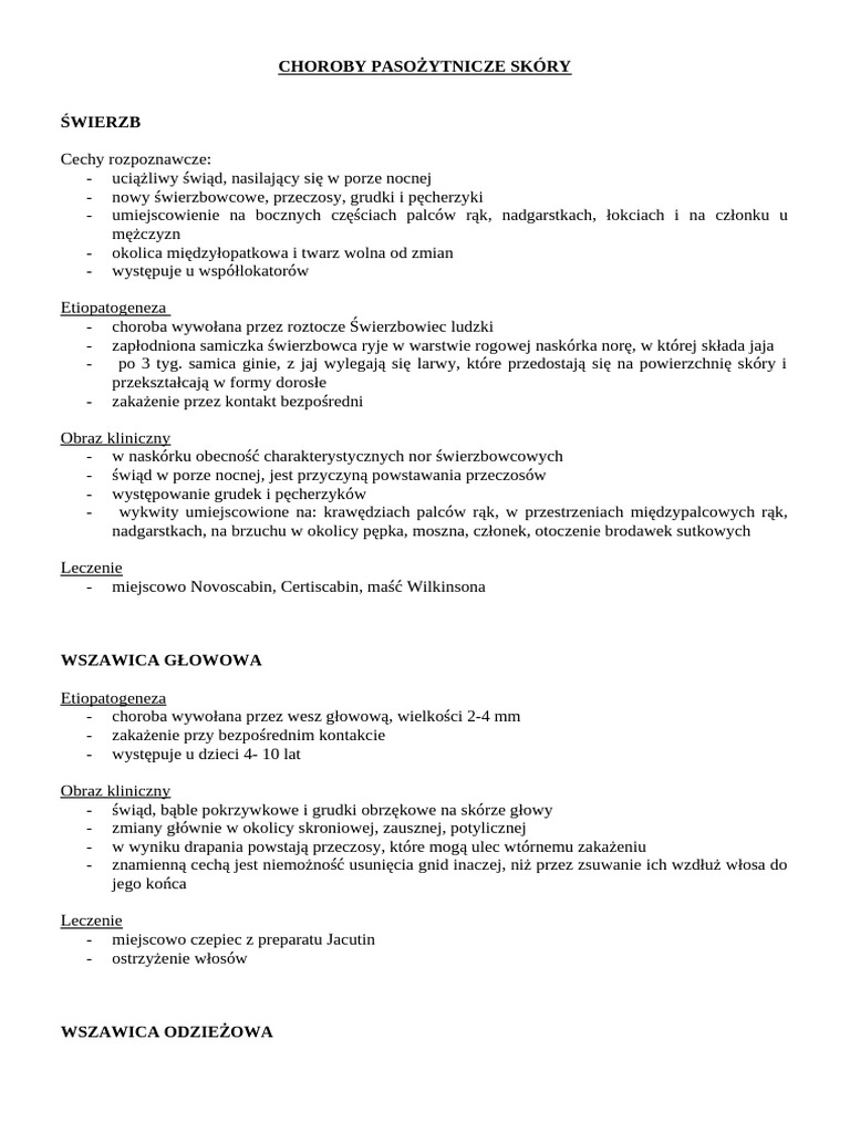 Choroby Pasożytnicze Skóry. | PDF