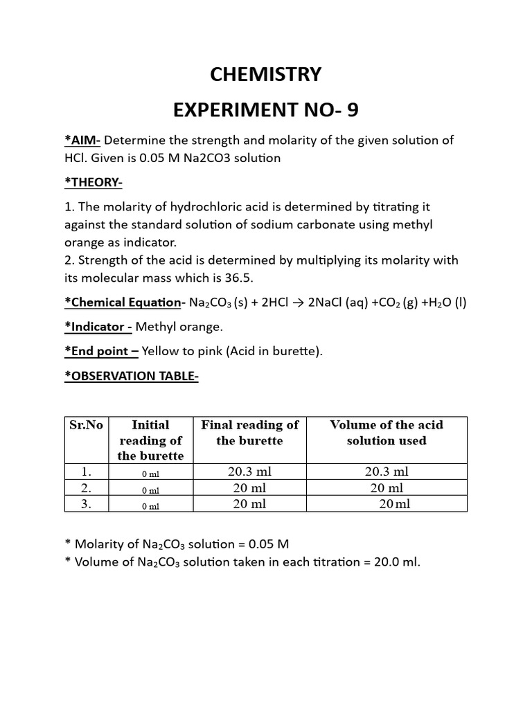 EXPERIMENT NO-9- Determine the Strength and Molarity of the Given Solution of HCl. Given is 0.05 ...
