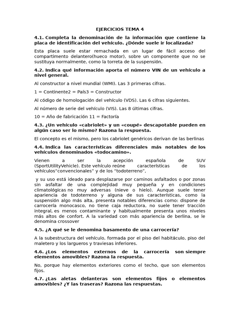 Ejercicios Tema 4 | PDF | Estilos de carrocería | Vehículos terrestres