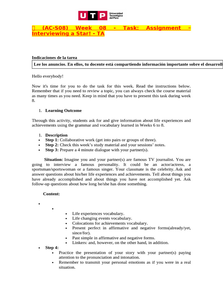 ? (AC-S08) Week 08 - Task Assignment - Interviewing A Star! - TA (Ingles 4) | PDF | Refresco ...