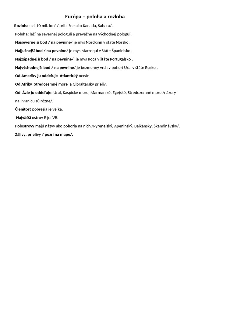 Európa - Poloha, Rozloha - Tercia | PDF