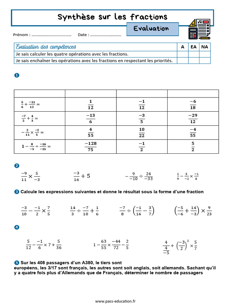 Évaluation des fractions en 4ème | PDF | Mathématiques