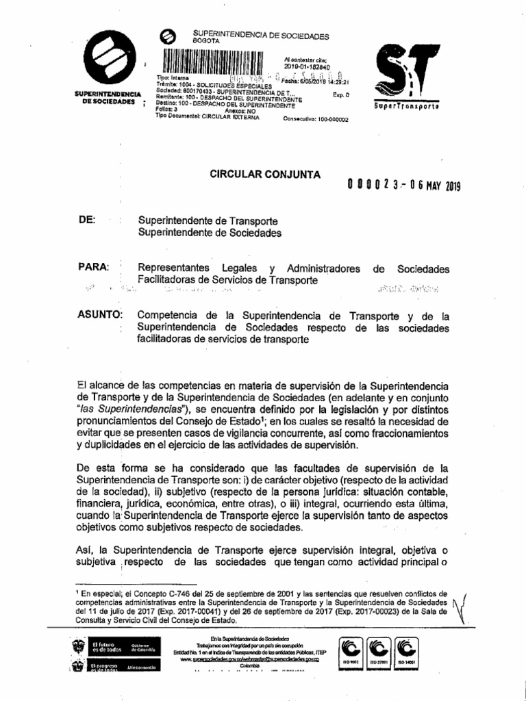 Circular Conjunta Supertransporte y Supersociedades | PDF