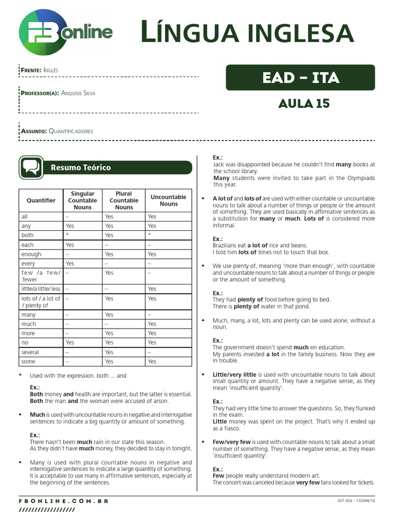 Lista Aula 15 - Quantificadores | PDF | Plural | Grammatical Number