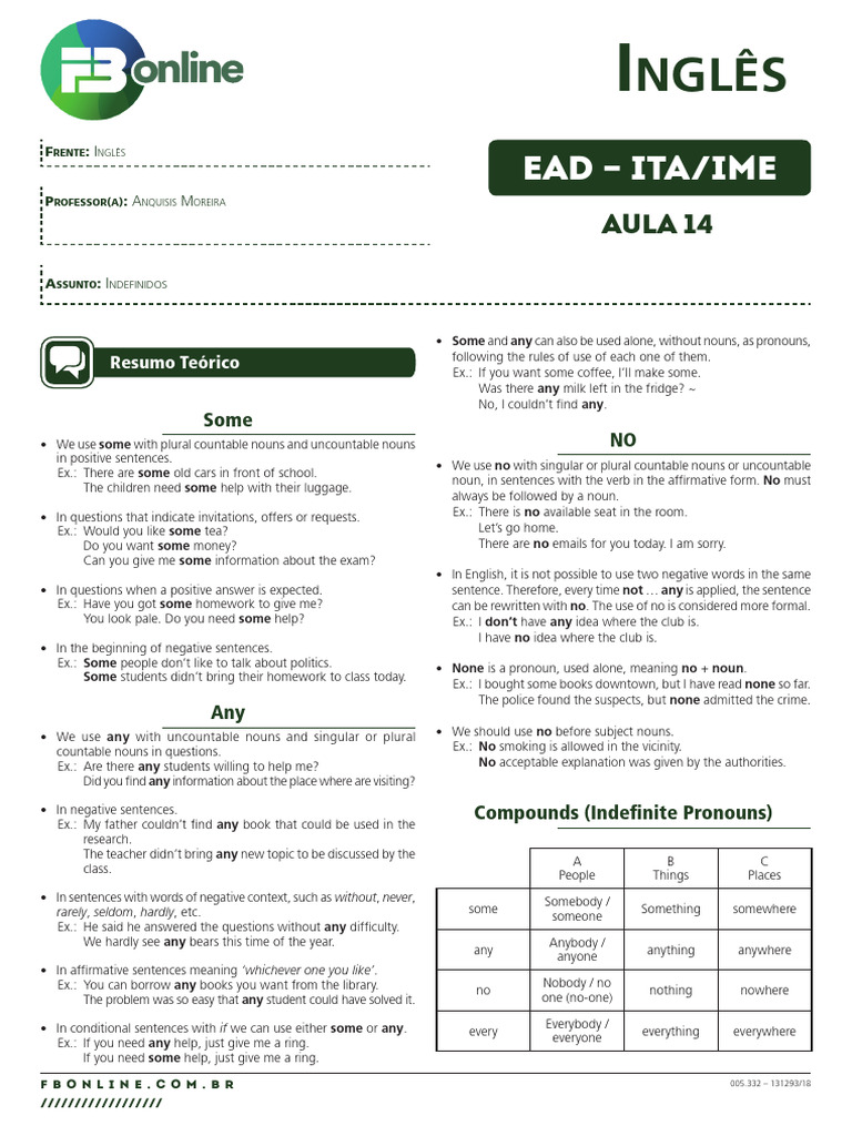 Lista Aula 14 - Indefinidos | PDF | Plural | Noun