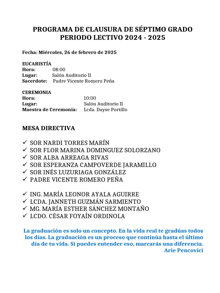 Programa de Clausura de Séptimo Grado | PDF