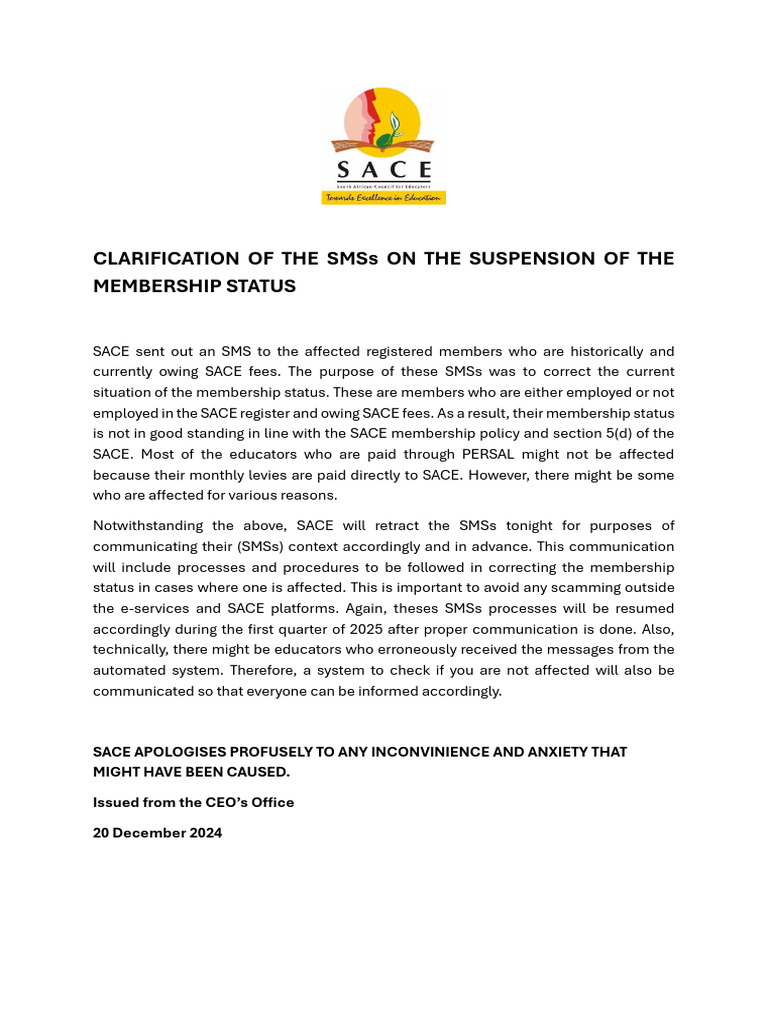 SACE Membership Status SMS Clarification | PDF